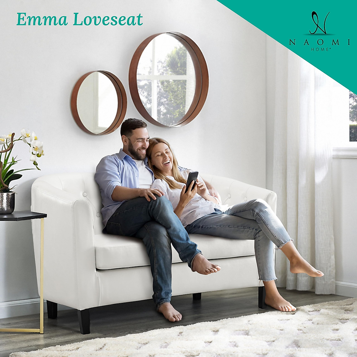 Emma Love Seat, Button Tufted Faux Leather Barrel Loveseat, Midcentury Modern 2 Seater Sofa Couch, Small Loveseat for Small Spaces, Bedrooms, Couches for Living Room, Easy Tool-Free Assembly - White