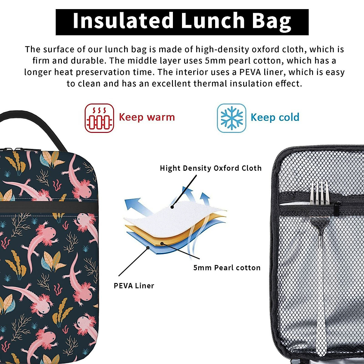 wzialfpo Axolotls Sea Fish Portable Lunch Bag For Boys And Girls,Lunch Box Tote Bag Soft Handbag,Thick Insulated Cooler Bag Lunchbag For Men Women Teens Work Outdoor Travel Picnic