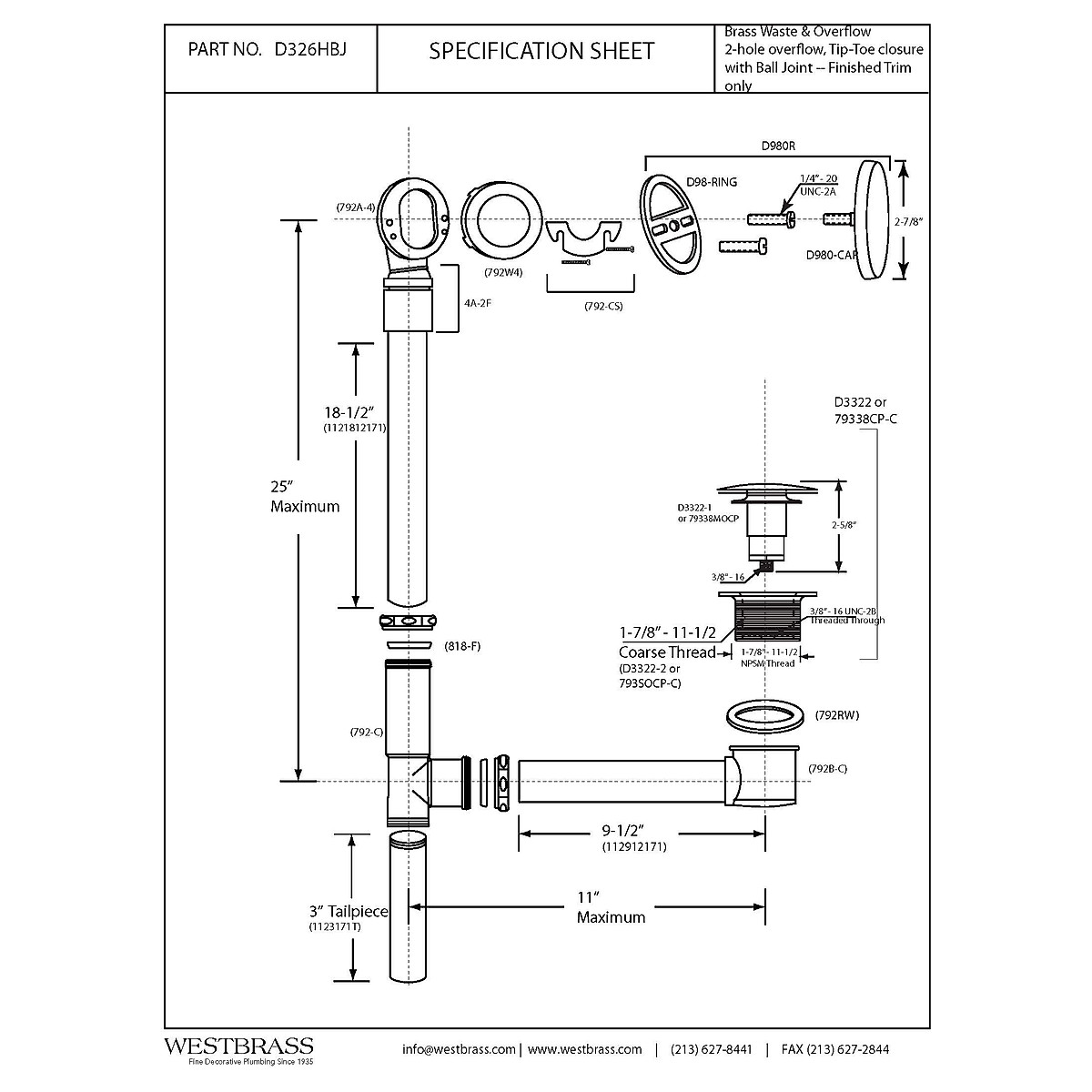 Westbrass D326HBJ-03 25" Bath Waste Assembly with Ball Joint, Tip-Toe Drain and Illusionary Overflow Faceplate, Polished Brass