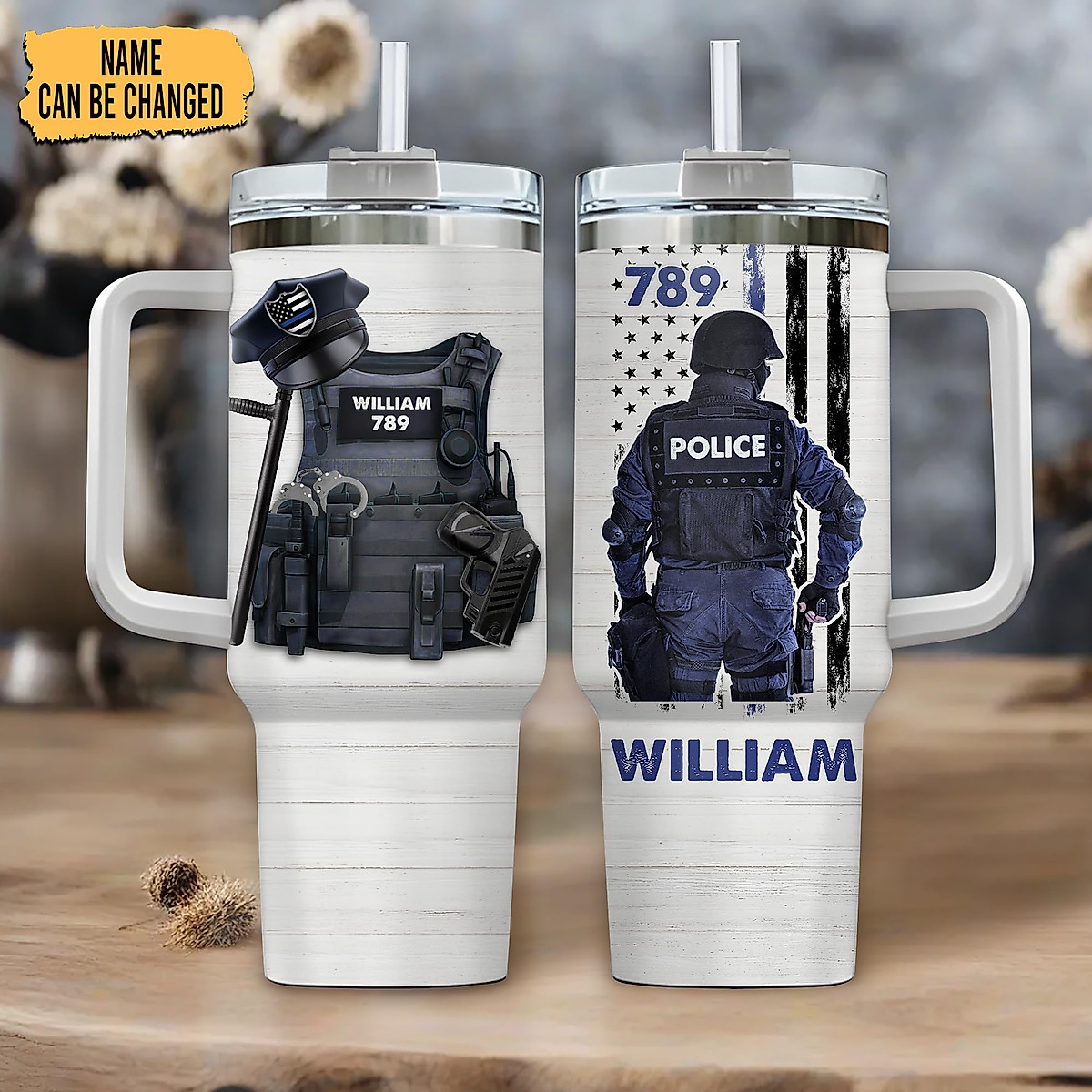 Hyturtle Personalized Police Tumbler Custom Name and Number Thin Blue Line Gifts For Men Police Officer 40 Oz Tumbler With Lid And Straw Birthday Christmas Stuff For Police Officers