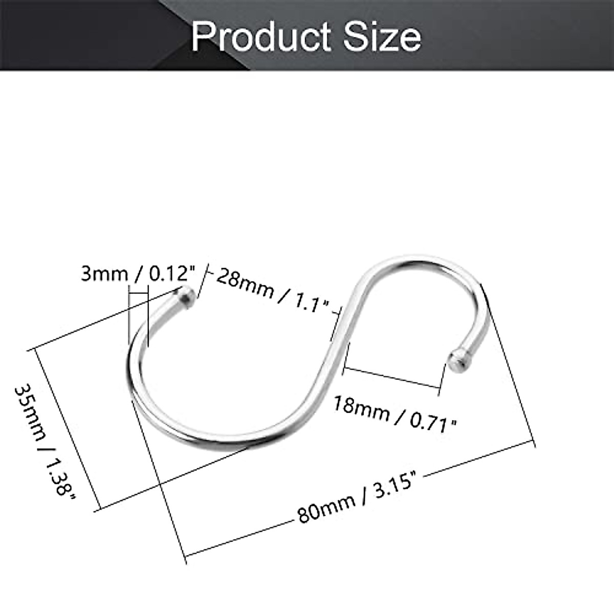 MroMax Stainless Steel S Hooks,80mm/3.15" Silver S Shaped Hook Hangers for Kitchen Bathroom Bedroom Storage Room Office Outdoor Multiple Uses, 4Pcs