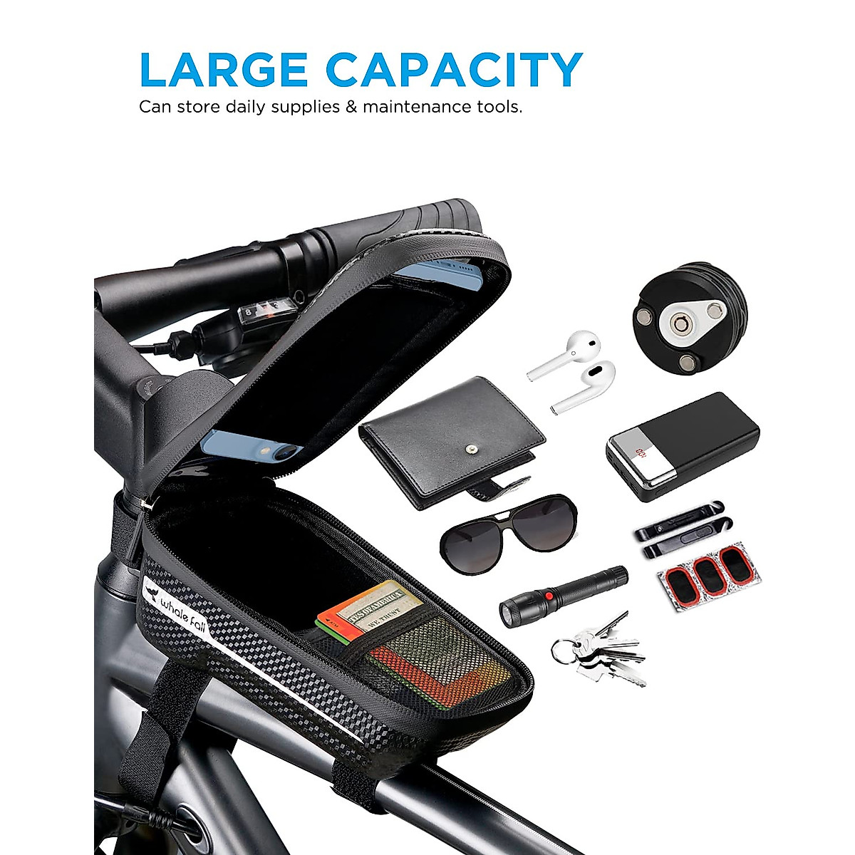 whale fall Newest Hard Casing Bike Bag, Bike Accessories, Never Deform/Waterproof, Bike Phone Holder Bike Phone Mount with 0.25mm Sensitive TPU Touch-Screen, with Rain Cover for Phones under 6.9''