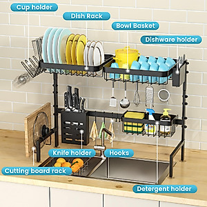 MERRYBOX Over The Sink Dish Drying Rack, 2-Tier Adjustable Length (25.6-33.5in), Stainless Steel Dish Drainer with Cutting Board Holder, Large Dish Rack for Kitchen Counter Organizer Space Saver