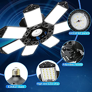 SILIVN 2 Pack LED Garage Lights, 180W Ultra Bright Deformable LED Garage Ceiling Lights with 7 Adjustable Panels, 15000LM E26/E27 LED Shop Lights for Garage, Workshop, Basement, Attic