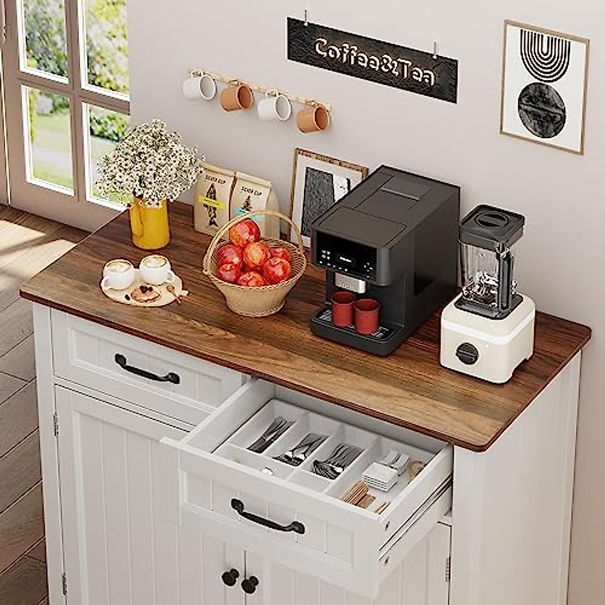 Gizoon Kitchen Sideboard Buffet Cabinet, 32'' H Large Kitchen Storage Island with Drawer and Adjustable Shelf, Modern Coffee Bar for Kitchen, Dining Room, Bathroom, Entryway, Retro