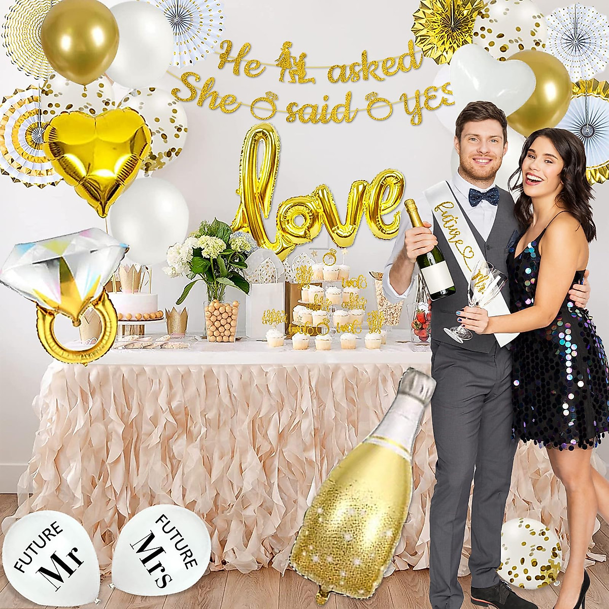 Engagement Party Decorations Gold He Asked She Said Yes Banner Bridal Shower Wedding Decorations Cake Toppers and Mr. & Mrs. Balloons Sash