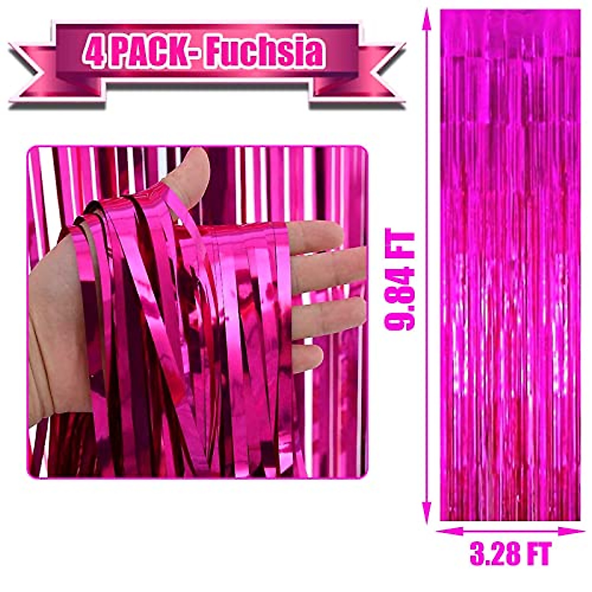 HalloweenDecorate Pack Fuchsia Foil Fringe Curtain Backdrop, 3.28Ft x 9.84Ft Metallic Tinsel Foil Fringe Streamers Curtains Party, Photo Booth Props, Birthday, 2022 Graduation Decoration Supplies