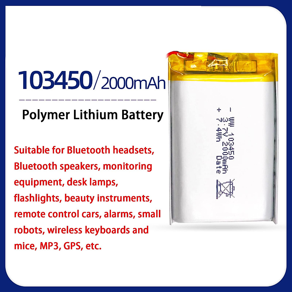 FREEDOH Lithium Polymer Battery 3.7V 2000mAh Rechargeable Lithium Battery 103450 Li-Polymer Ion Backup Battery with Protection Board (2pcs)