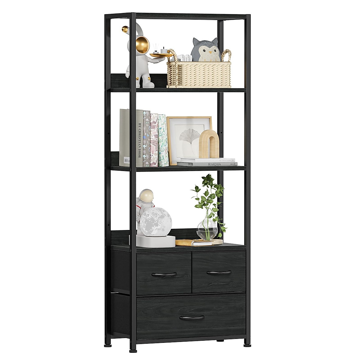 Furnulem Bookshelf with 3 Fabric Drawers and 4-Tier Shelves, 59" Tall Bookcase Storage Rack, Freestanding Shelf Organizer Unit for Office,Living Room,Kitchen,Bedroom(Black Oak)