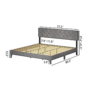 Catrimown King Size Bed Frame with Adjustable Headboard, Modern Velvet Upholstered Platform Bed Frame, Wooden Slat Support, Mattress Foundation, No Box Spring Needed, Easy Assembly, (Grey, King)