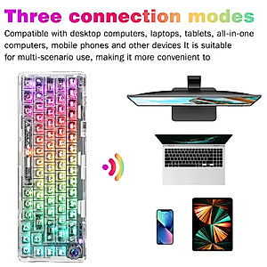 CC MALL 60% Transparent Mechanical Keyboard with Clear Keycaps,Gasket Hot Swappable Custom Wireless Keyboard,RGB Backlit Gaming Keyboard,2.4G/Type-C/Bluetooth Mechanical Keyboard(White)