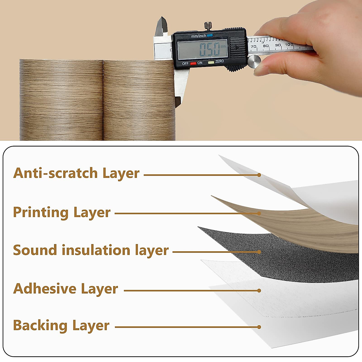 WIFEA Vinyl Flooring Roll 15.7"x 393.7"/43 Sq.Ft, Wood Grain Self Adhesive Vinyl Floor Tiles Wear-resistant and Waterproof Vinyl Plank Flooring for Bedroom Living Room Office Balcony RV, Light brown