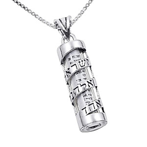 AJDesign Mezuzah Necklace Pendant Spiral Shema Yisrael and Scroll in 925 Sterling Silver (24 Inches Chain)