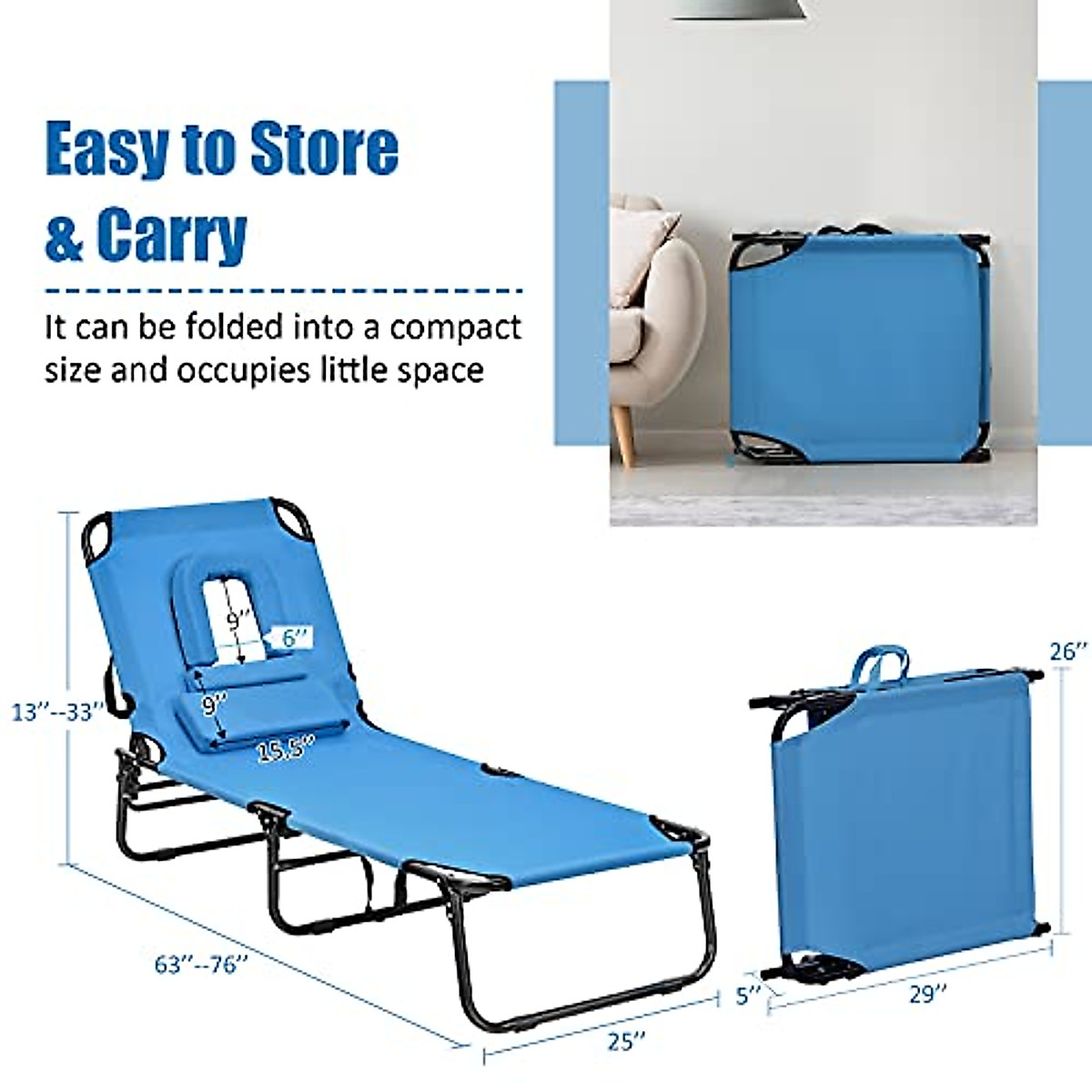 Goplus Folding Chaise Lounge Beach Chair, Face Down Tanning Chair with Face Hole Detachable Pillow, Great for Outside Pool Patio Backyard, 5-Position Adjustable (1, Blue)