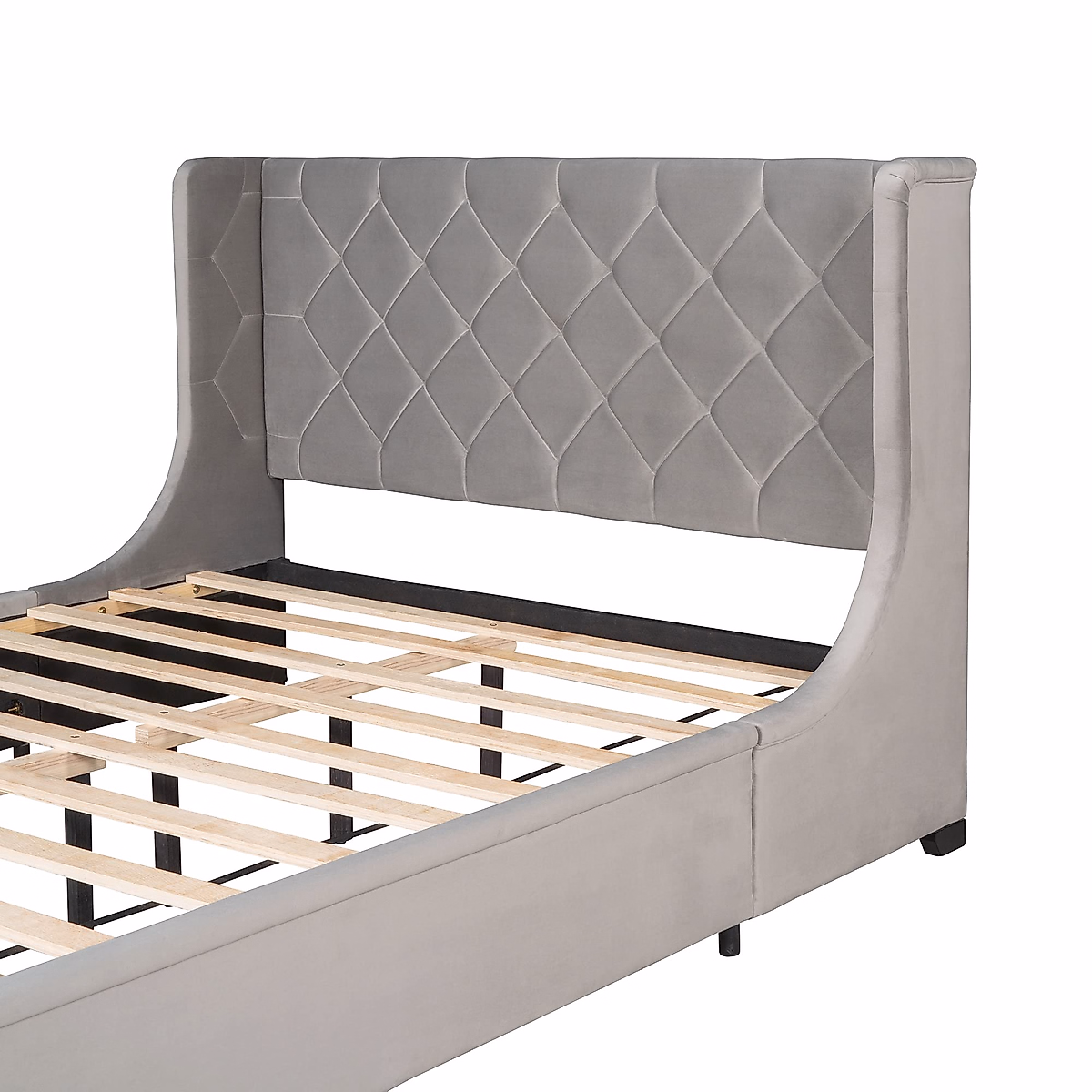 HBRR Queen Size Platform Bed Frame with Wingback Headboard and a Big Drawer, Velvet Upholstered Storage Bed, Wooden Slats Support, No Box Spring Needed, Easy to Assemble, Gray