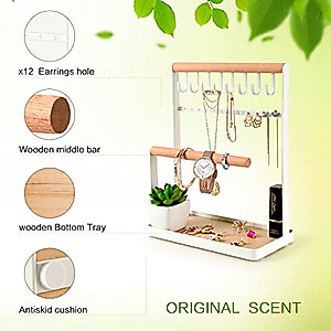 PAMANO Jewelry Organizer Necklace Stand Holder, 4-Tier Hanging Wooden Ring Earring Tray, 8 Hooks Necklaces Storage 12 Earring holes, Bracelets, Rings & Watches Display On Desk Tabletop - White