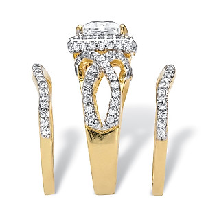 PalmBeach Yellow Gold-Plated or Platinum-Plated Sterling Silver Princess Cut Cubic Zirconia 3 Piece Halo Crossover Bridal Ring Set Size 9