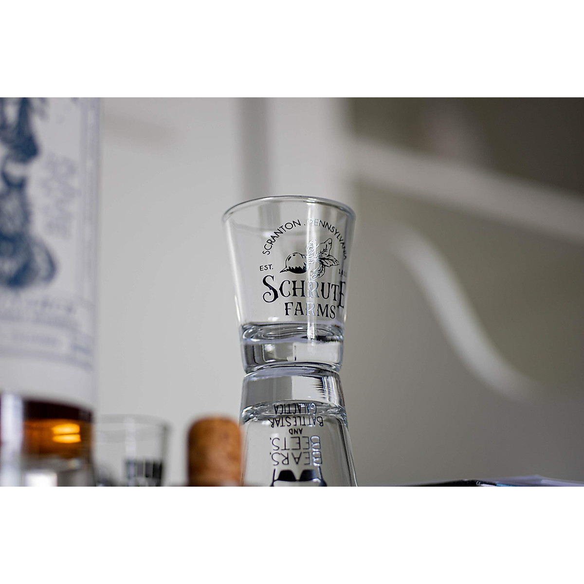 The Office 4 Piece Shot Glass Set (Dunder Mifflin, Prison Mike, Schrute Farms, and Bears, Beets, Battlestar Galactica))