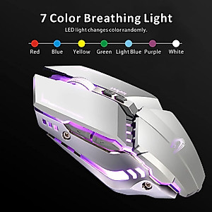 TENMOS T12 Wireless Gaming Mouse Rechargeable, 2.4G Silent Optical Wireless Computer Mice with Changeable LED Light for Laptop PC, 7 Buttons, 3 Adjustable DPI (Silver)