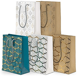 Arteza Gift Bags, 9.5 x7 x 3.4 Inches, Set of 15 with an Assortment of 2 Unique Metallic Foil Designs on 6 Kraft, 6 White, and 3 Blue Paper Bags, 3 of Each Style
