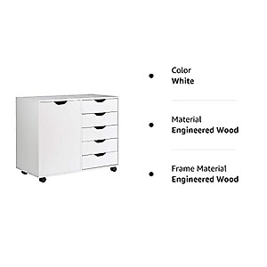 Giantex Drawers Cabinet Mobile Lateral Filing Organizer with 5 Drawers,1 Side Cabinet and Wheels Mobile Chest for Home Office Storage Use Dresser (31”x 15.5” x 25.5”, White)