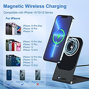 Magnetic Wireless Charger Compatible with iPhone 14-13-12 Series，Mag-Safe Charger + 20W USB-C Power Adapter, Folding Aluminum Alloy Wireless Charger Stand for Phone 14/13/12 Pro Max/Pro/Mini