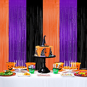 Halloween Backdrop Curtains 3 Pack 8.5X9.84 ft Halloween Party Photo Backdrop Black Orange Purple Photo Booth Props Metallic Tinsel Foil Fringe Curtain for Halloween Party Decoration Supplies