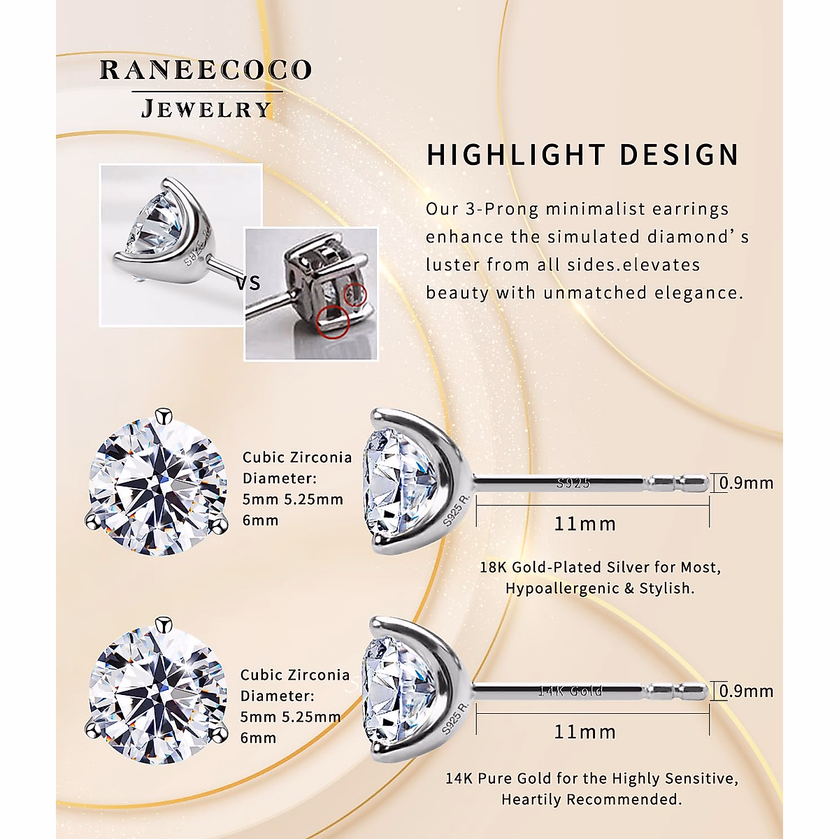 "STUNNING FLAME" 18K Gold Plated Silver Brilliant Cut Simulated Diamond Cubic Zirconia Stud Earrings(yellow-gold-plated-silver, 1.0)