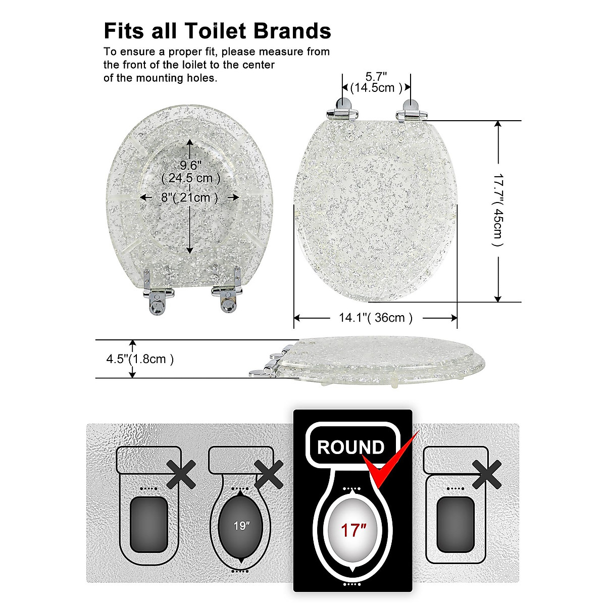 Angol Shiold Resin Round Toilet Seat Glitter Silver, Slow Quiet-Close Heavy Duty Acrylic Toilet Seats for Standard Toilets, Easy Installation & Cleaning (Round 17", Silver Foil, Upgraded hinge)