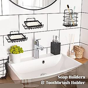 8 Pcs Adhesive Corner Shower Caddy Set 3 Stainless Steel Bathroom Shower Organizer Shelves Rustproof Shower Shelf Rack 2 No Drilling Soap Holder for Shower Wall 1 Toothbrush Holder 2 Towel Bar, Black