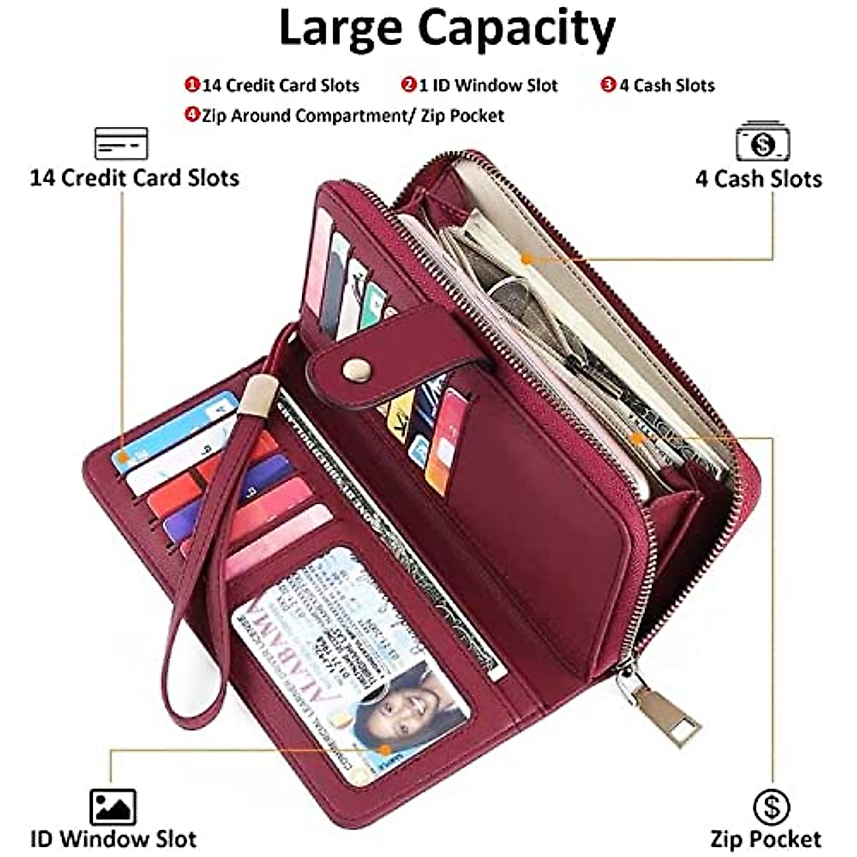 Arrow Dancer Women's 100% Leather Wallet RFID Blocking Girls Best Choice Designer Phone Holder Clutch Travel Purse Wristlet Ladies Clip Bifold Zipper Buckle 15+ Handy Money Card ID Slots (Maroon)