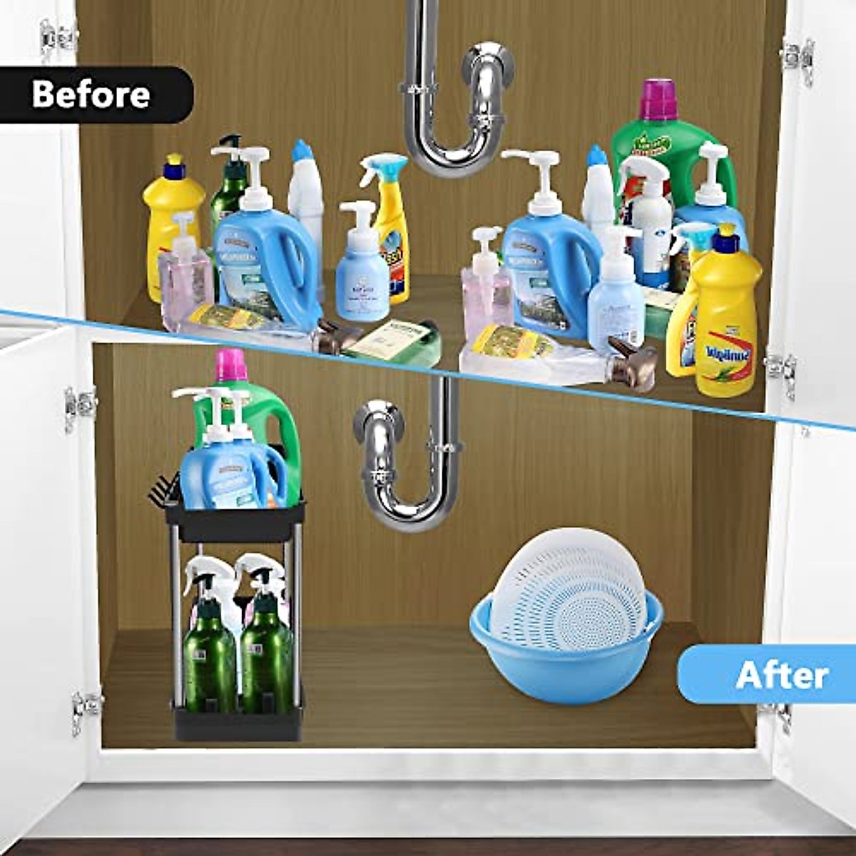 Durmmur [Upgrade Wheels] Under Sink Organizers and Storage, Slide Out Multi-Purpose 2 Tier Bathroom Organization Countertop or Undersink Shelf, Kitchen Under Cabinet Container Basket Caddy with Hooks