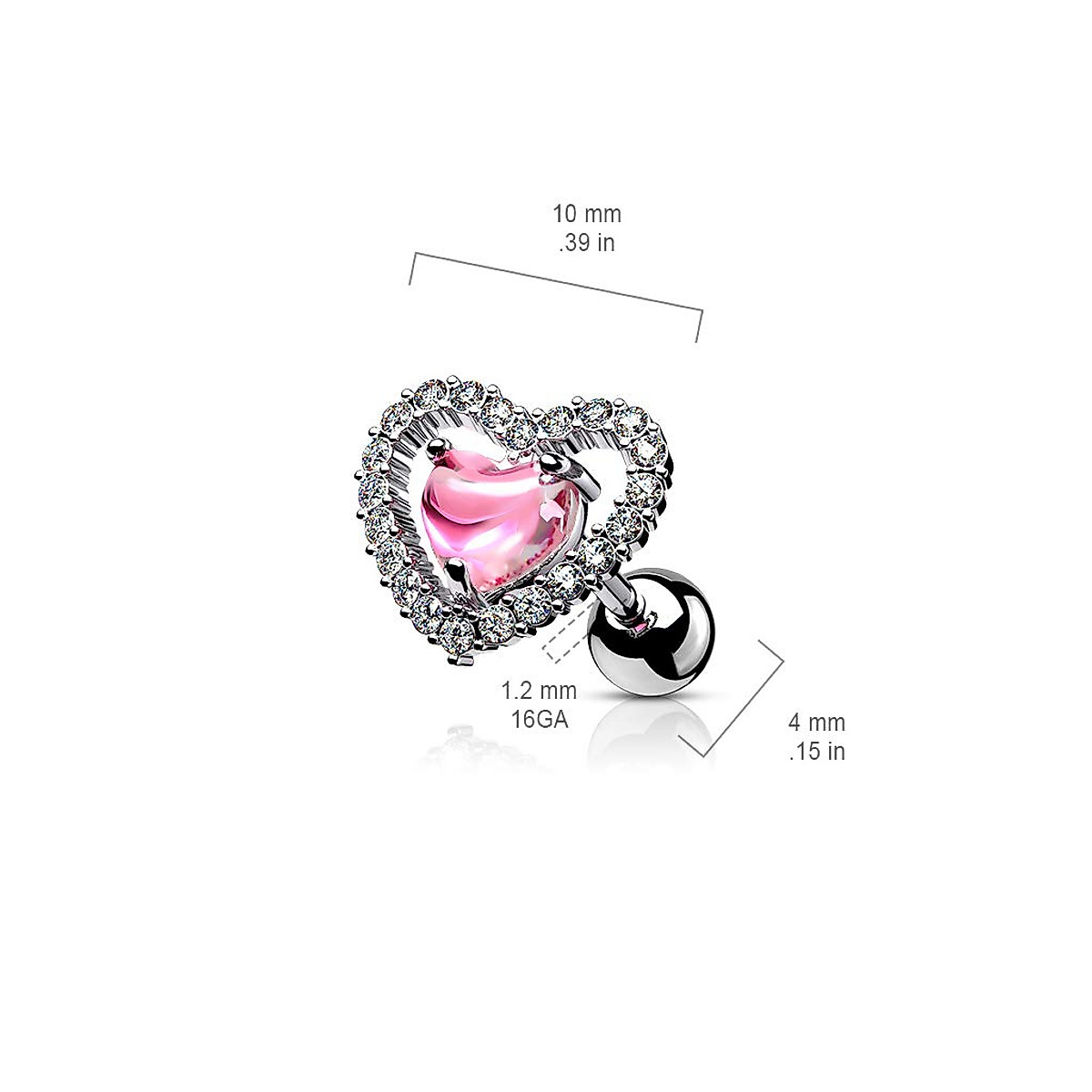 Amelia Fashion 16 Gauge Heart Shaped Micro CZ and Pink Center CZ Cartilage Barbell Stud 316L Surgical Steel (Pink/Clear)
