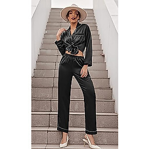 Ekouaer Satin Sleepwear Women's Long Sleeve Pajamas Silk Button Down Loungewear Two Piece Pjs Set (Black,S)