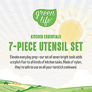 GreenLife Cooking Tools and Utensils, 7 Piece Nylon Set including Spatulas Turner Spoons and Tongs, Dishwasher Safe, Blue