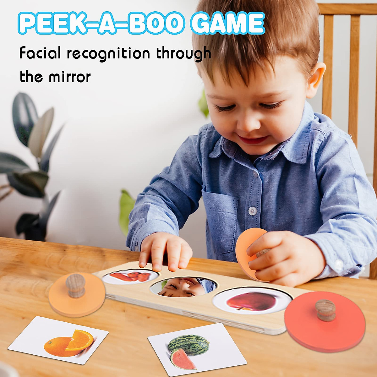 Twefex Baby Puzzles 12-18 Months - Montessori Multiple Shapes Knob Wooden Puzzles for Toddlers 1-3 - Peekaboo Photo Puzzle with Baby Mirror & 10 Real-Life Cards