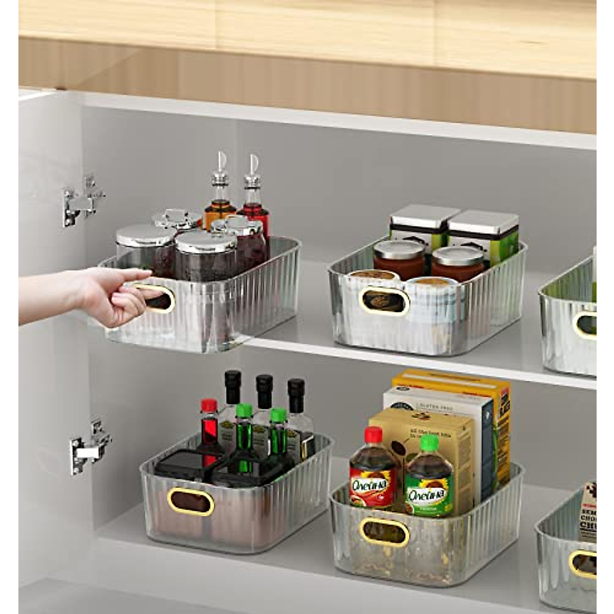 3 Pack Plastic Stackable Clear Storage Bins,Storage Container Basket with Handle for Office,Clear Organizer Bins for Kitchen Cabinet,Refrigerator,Food Pantry,Countertops, Bedrooms, Bathrooms