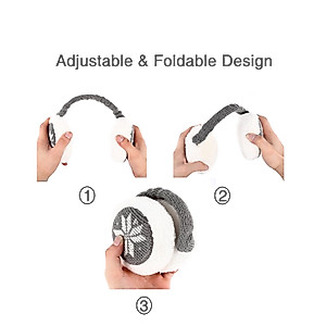 Sudawave Women's Winter Adjustable Knitted Ear Muffs With Faux Furry Outdoor Ear warmers (White Gray Snowflake)