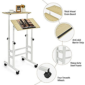 Tangkula Mobile Standing Desk Stand Up Desk, Height Adjustable Computer Desk with Standing & Seating 2 Modes, Tilting Tabletop & Flexible Wheels, Rolling Laptop Cart Sit Stand Desk
