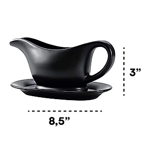 Bruntmor 11 Oz Black Ceramic Gravy Boat With Tray, 11 Ounce Small Ceramic Serving Dish, Dispenser with Tray For Sauces, Dressing and creamer, Gravy Boat With Saucer For Thanksgiving And Christmas