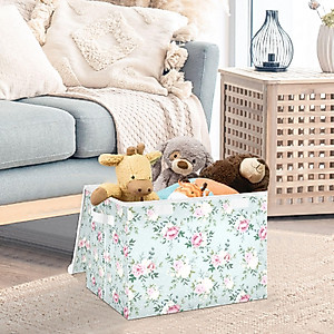 Nisza Floral Pattern Blue Large Collapsible Storage Bins with Lids and Handle, Foldable Fabric Storage Boxes Cube for Home Office