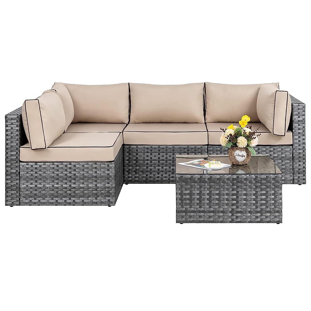 Walsunny Patio Furniture Set, 5 Pieces Outdoor Sectional Sofa Wicker Conversation Sets with Tea Table and Patio Couch Cushions(Khaki)