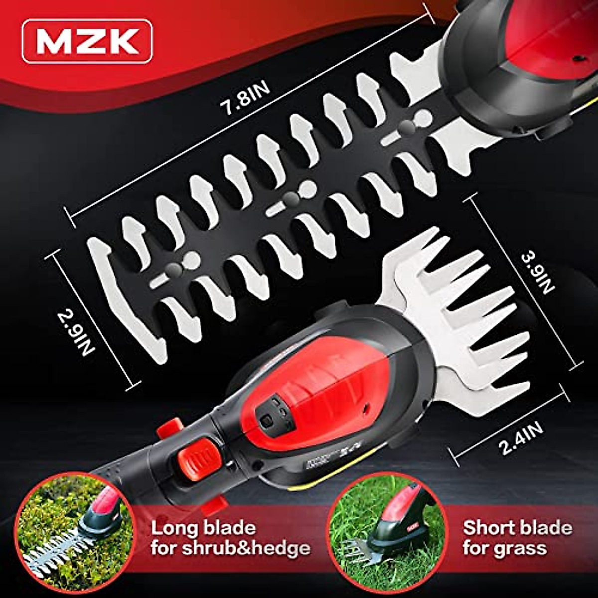 MZK 7.2V Cordless Grass Shear & Hedge Trimmer - 2-in-1 Electric Shrub Trimmer/Handheld Hedge Cutter/Grass Trimmer/Hedge Clipper with Removable Battery and Charger