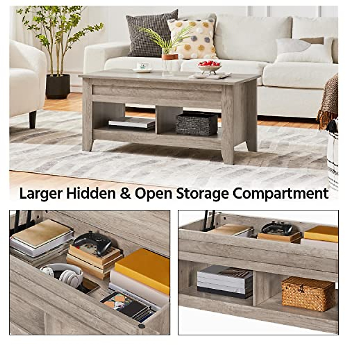 Yaheetech Lift Top Coffee Table, Coffee Table with Hidden Storage Compartment & Lower Shelf, 41in Center Table for Living Room, Office, Grey