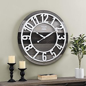FirsTime & Co. Gray Shabby Planks Wall Clock, Large Vintage Decor for Living Room, Home Office, Round, Wood, Farmhouse, 27 inches