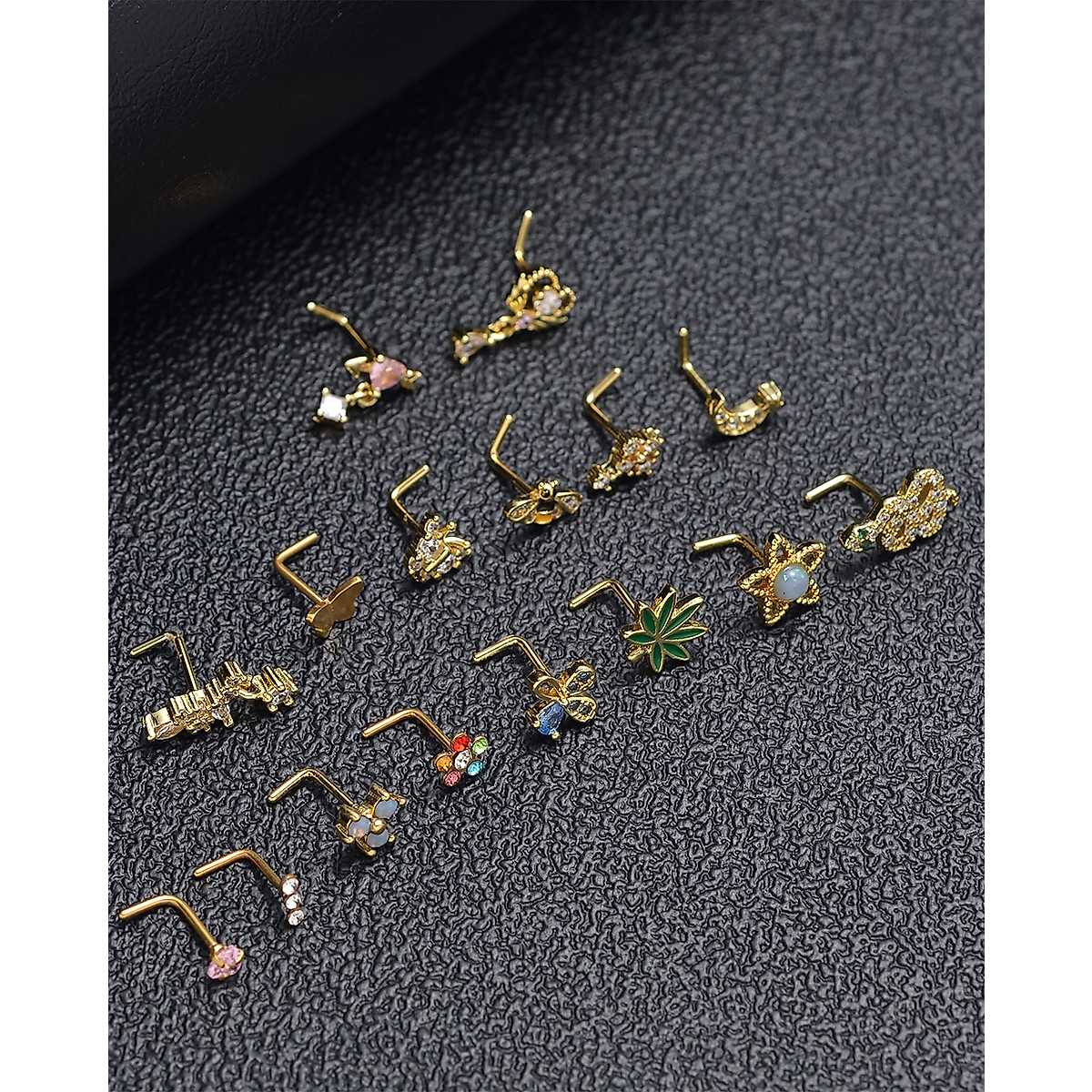 Tornito 16Pcs Nose Stud Ring L Shaped Nose Ring Heart Moon Bee Snake Leaf CZ Nose Studs Body Piercing Jewelry for Women Men 20G Gold Tone