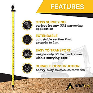 AdirPro 3-Position Snap-Lock Rover Rod – 2m Aluminum GPS Pole – 1 Piece Design with Outer GT Graduations for Land Surveying & Engineering - RTK GPS/GNSS Accessory (Yellow)