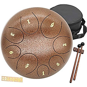 Steel Tongue Drum Tank Drum - Standard C Key 8 Notes 8 inches Pan Drum - Percussion Instrument with Drum Mallets -Handpan Drum with Bag, Music Book, Finger Picks for Camping, Meditation, or Yoga