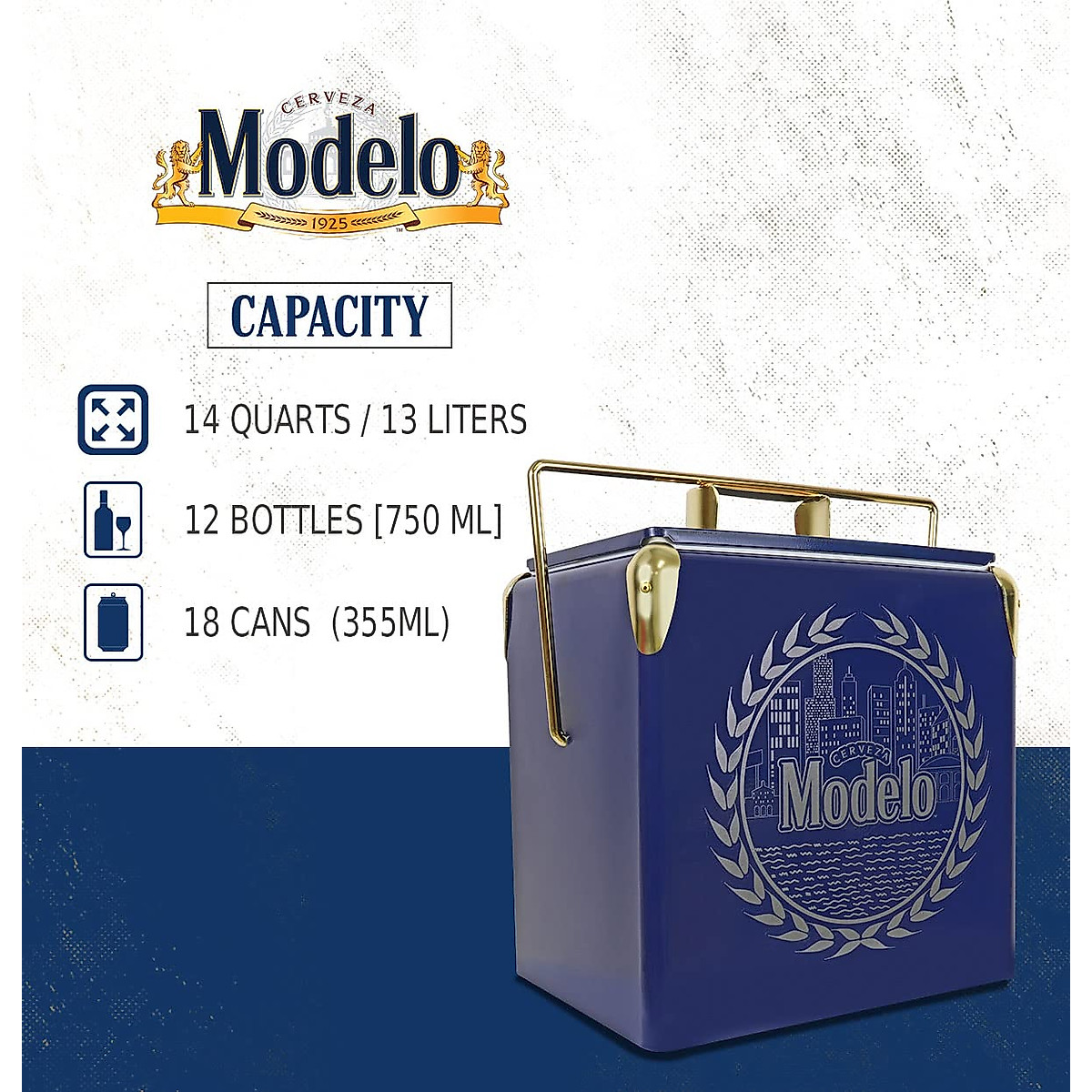 Modelo Retro Ice Chest Cooler with Bottle Opener 13L (14 qt), 18 Can Capacity, Blue and Gold, Vintage Style Ice Bucket for Camping, Beach, Picnic, RV, BBQs, Tailgating, Fishing