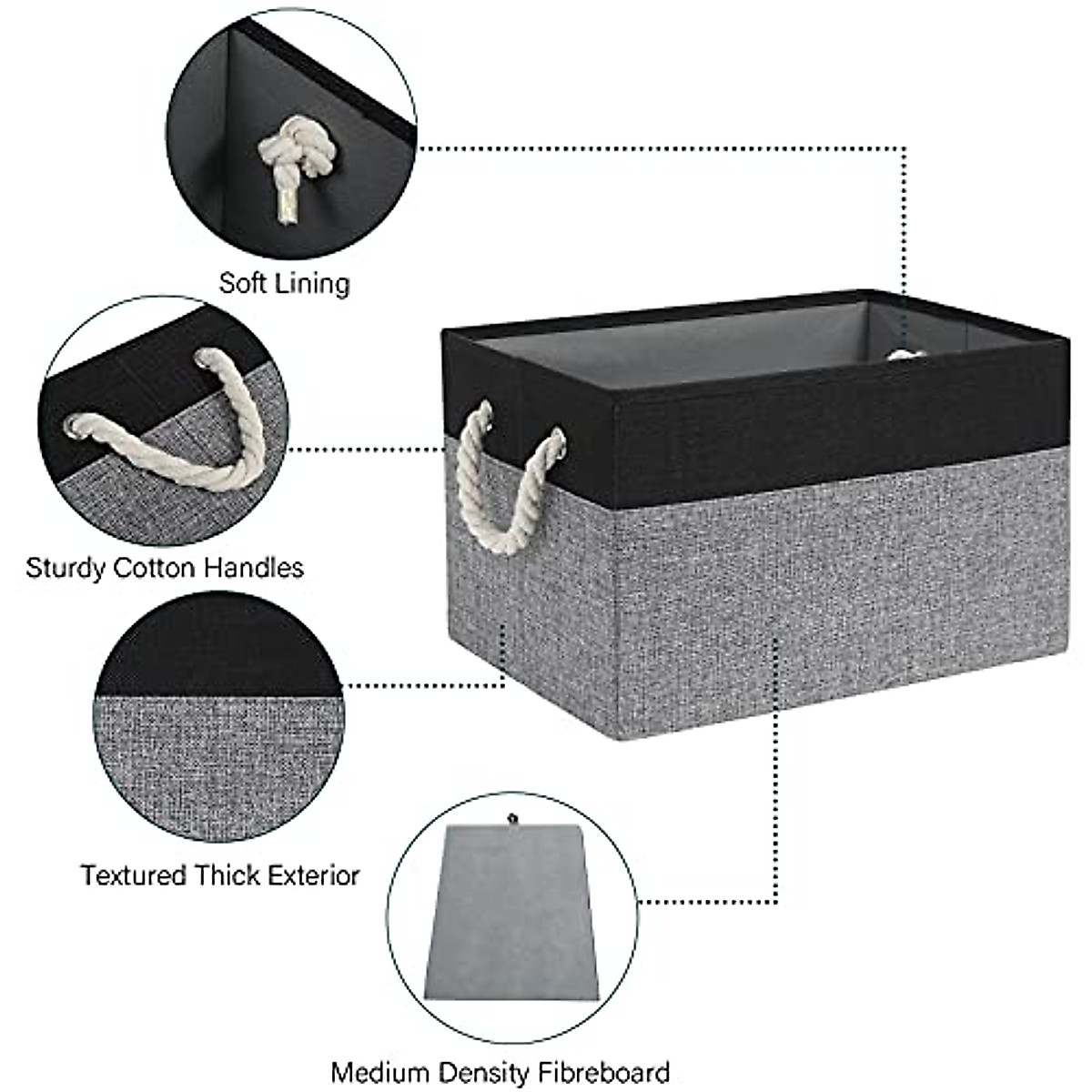 ACECHA Fabric Storage Bins for Organizing, 3 Pack Large Closet Storage Bins with Dual Handles for Home Storage Shelves, Toys, Clothes (Black Gray)